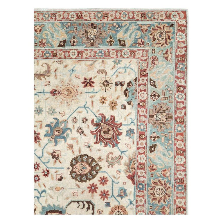 Midcentury Persian Handmade Accent Rug in Ivory, Blue Grey, and Crimson ...