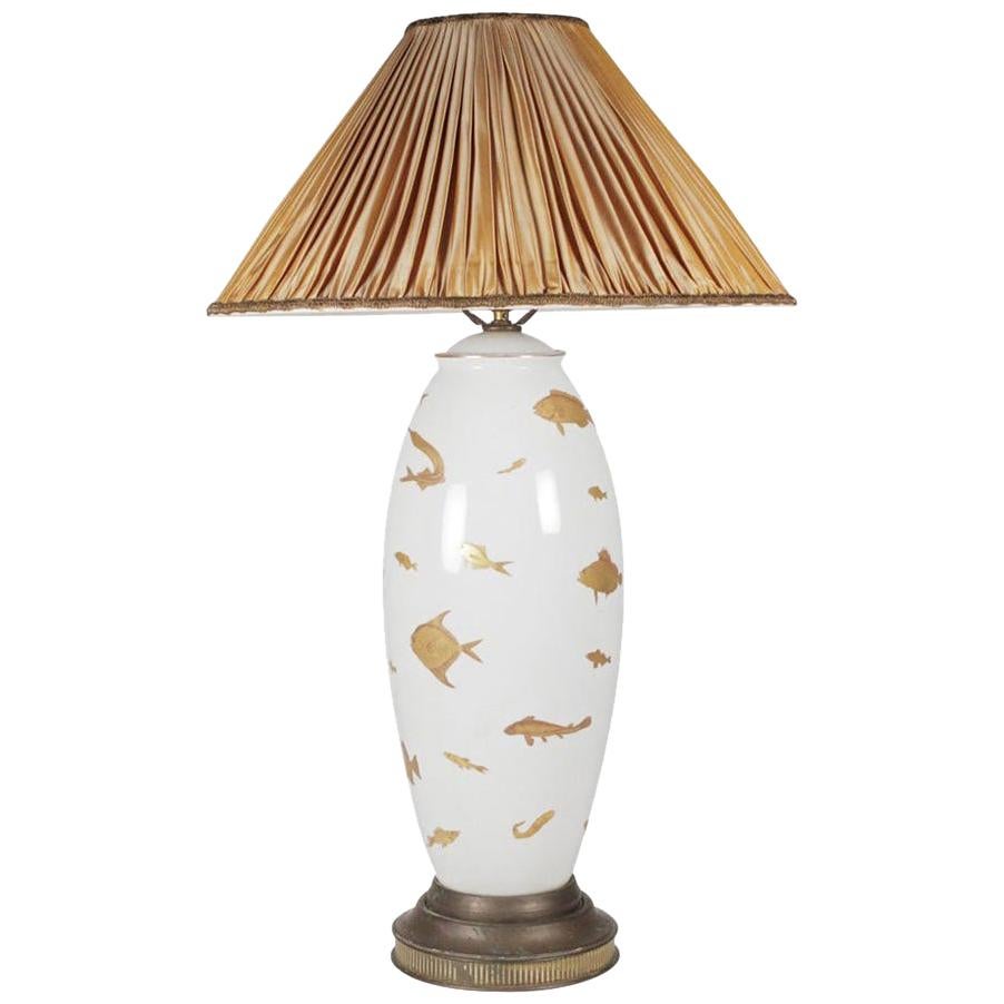 Hand Painted Impasto Frosted Glass Midcentury Table Lamp Pair with ...