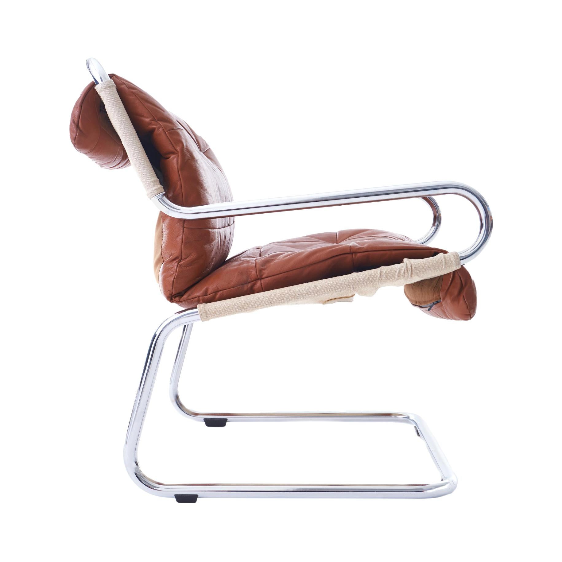 Midcentury Quilted Tan Leather and Tubular Chrome Cantilever Side Chair ...