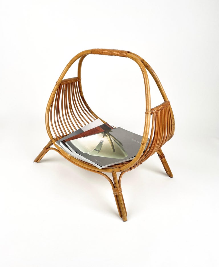 Midcentury Rattan and Bamboo Curved Magazine Rack, Italy 1960s For Sale ...