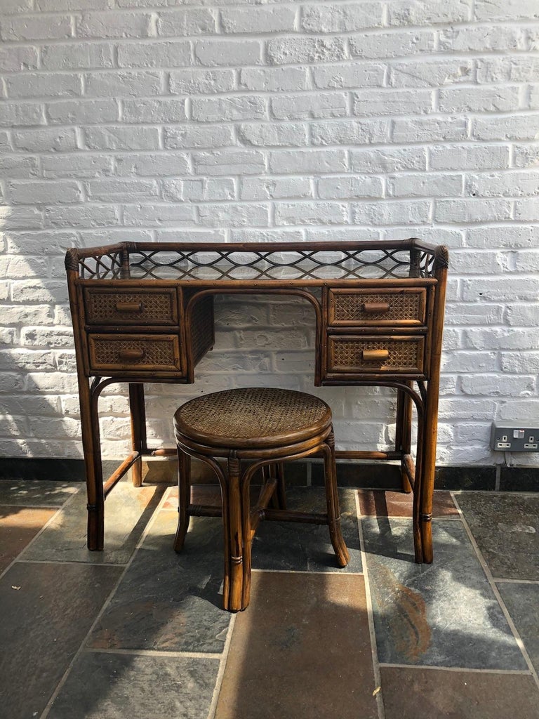 Midcentury Rattan Cane Dressing Table or Desk, Stool and Wall Mirror ...