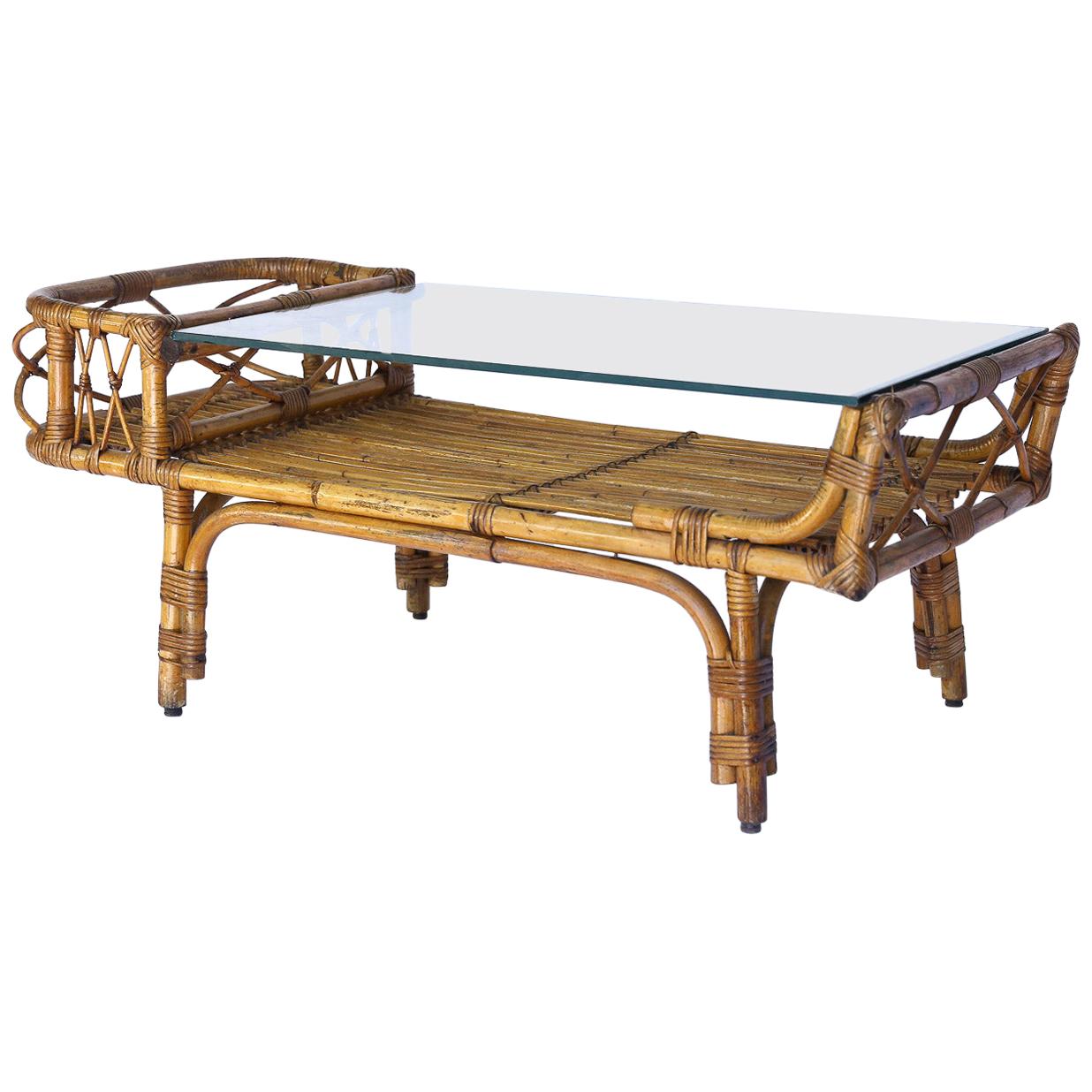 Monumental Three-Tier Multi-Band Rattan Coffee Table at 1stDibs