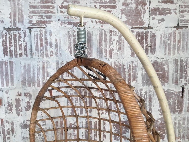 Midcentury Rattan Hanging Pod Chair with Stand For Sale at 1stDibs