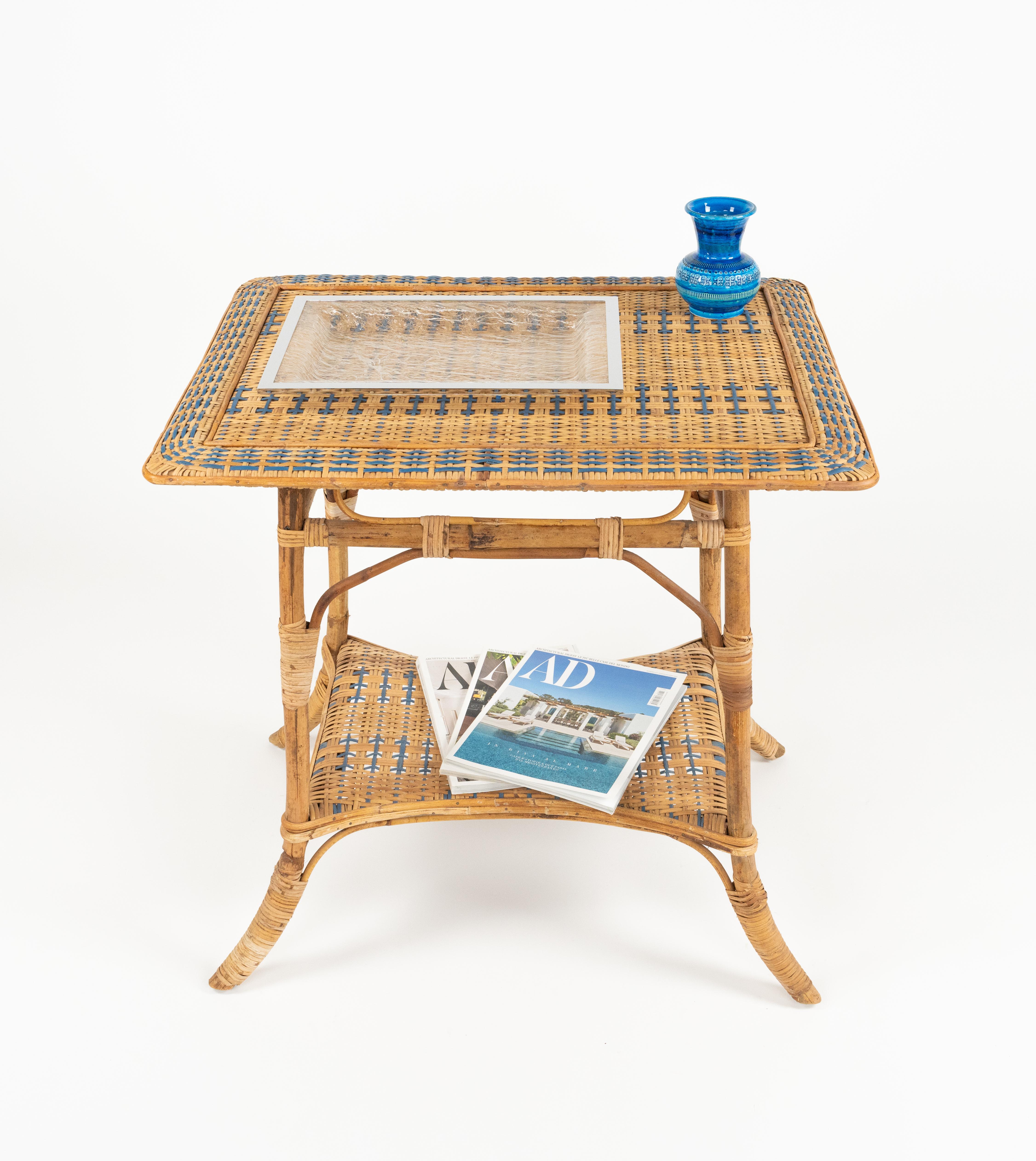 Midcentury Rectangular Side Table with Two Tier Rattan and Bamboo ...