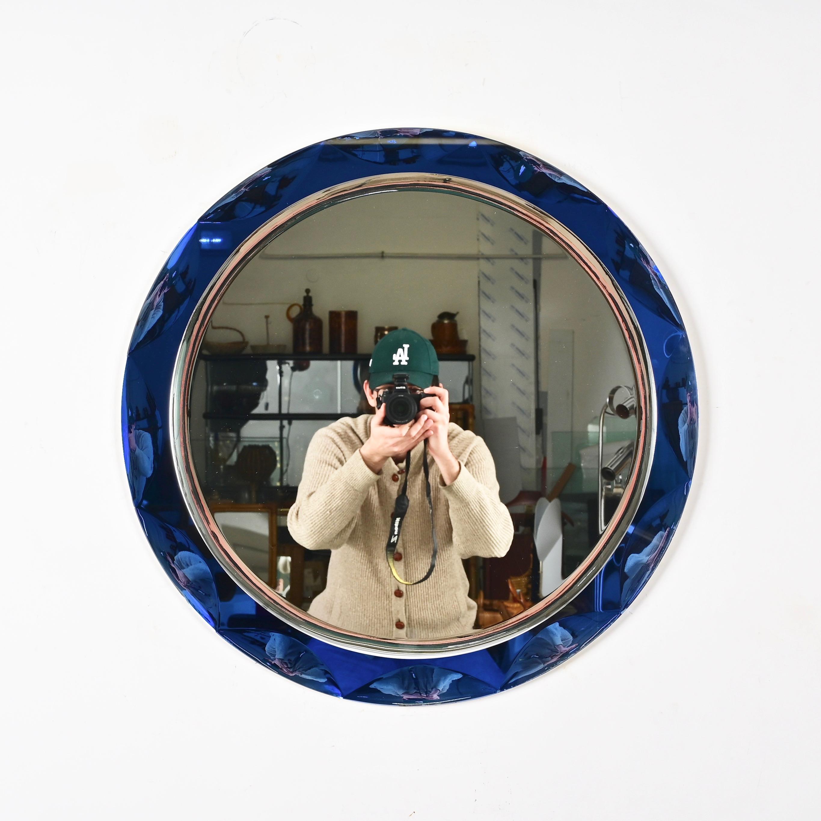 Midcentury Round Blue Diamond Double Beveled Mirror by Galvorame, Italy ...