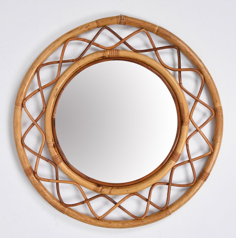 Midcentury Round Italian Mirror with Double Bamboo Weaved Wicker Frame ...