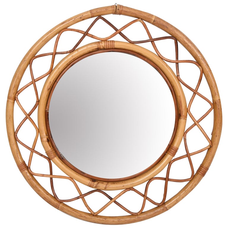 Midcentury Round Italian Mirror with Double Bamboo Weaved Wicker Frame ...