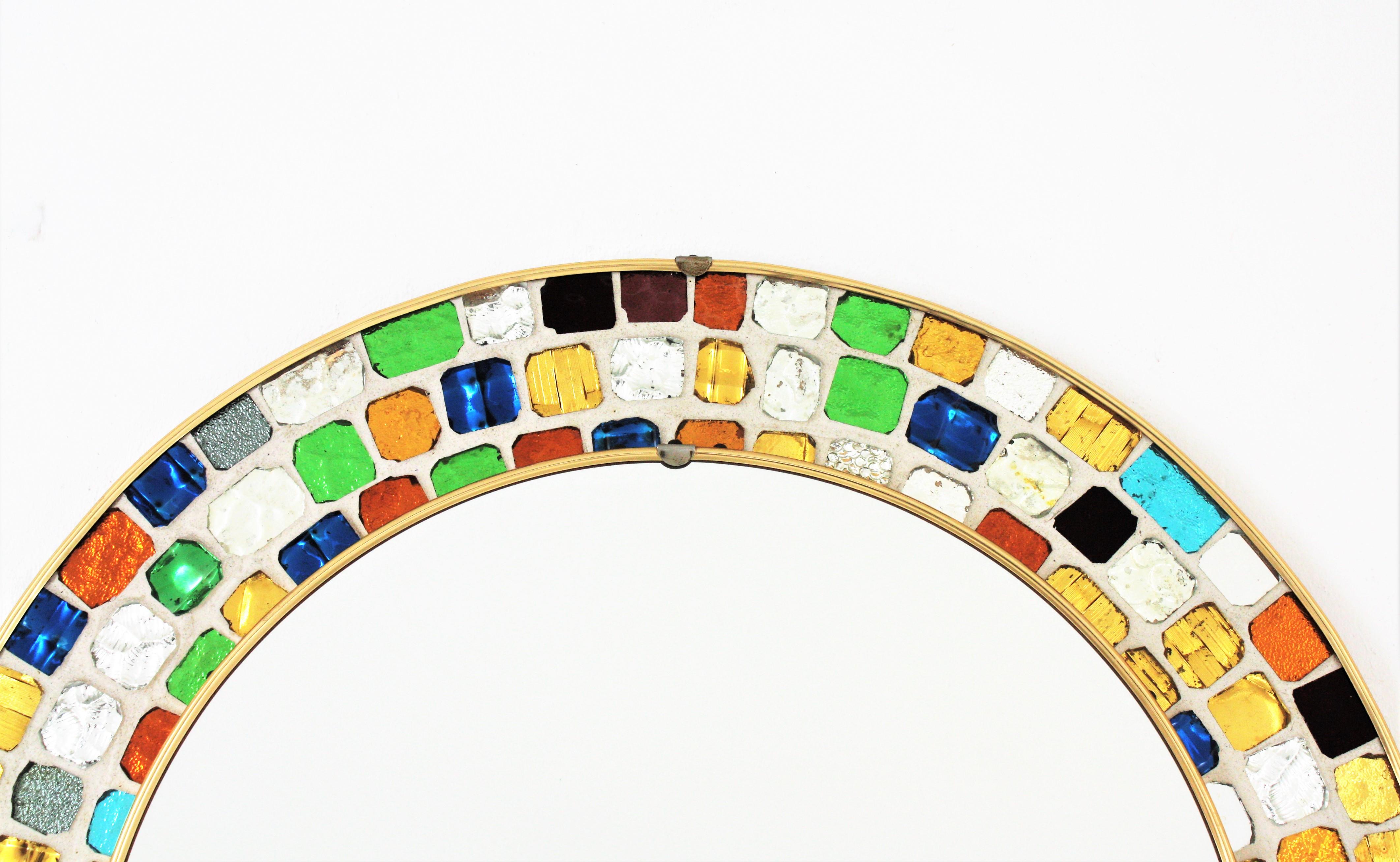 Midcentury Round Mirror with Multi-Color Art Glass Mosaic Frame, 1960s ...