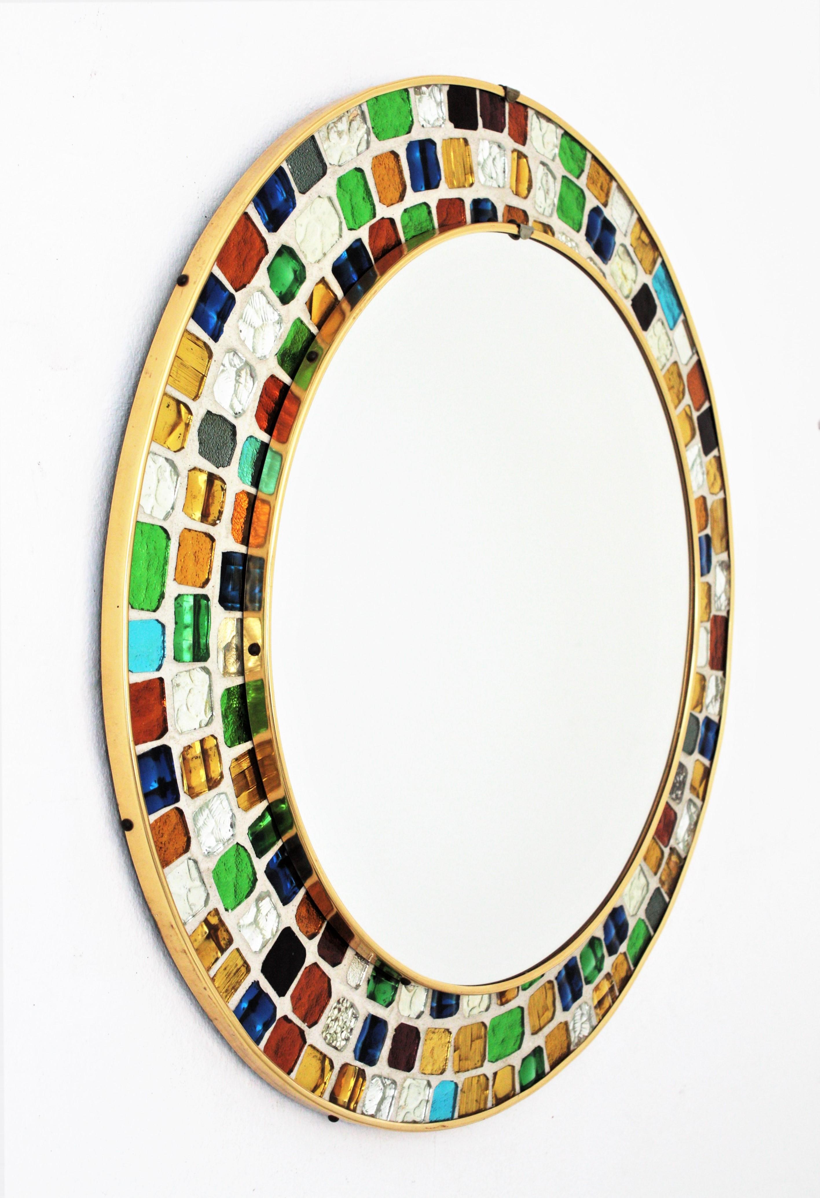 Midcentury Round Mirror with Multi-Color Art Glass Mosaic Frame, 1960s ...