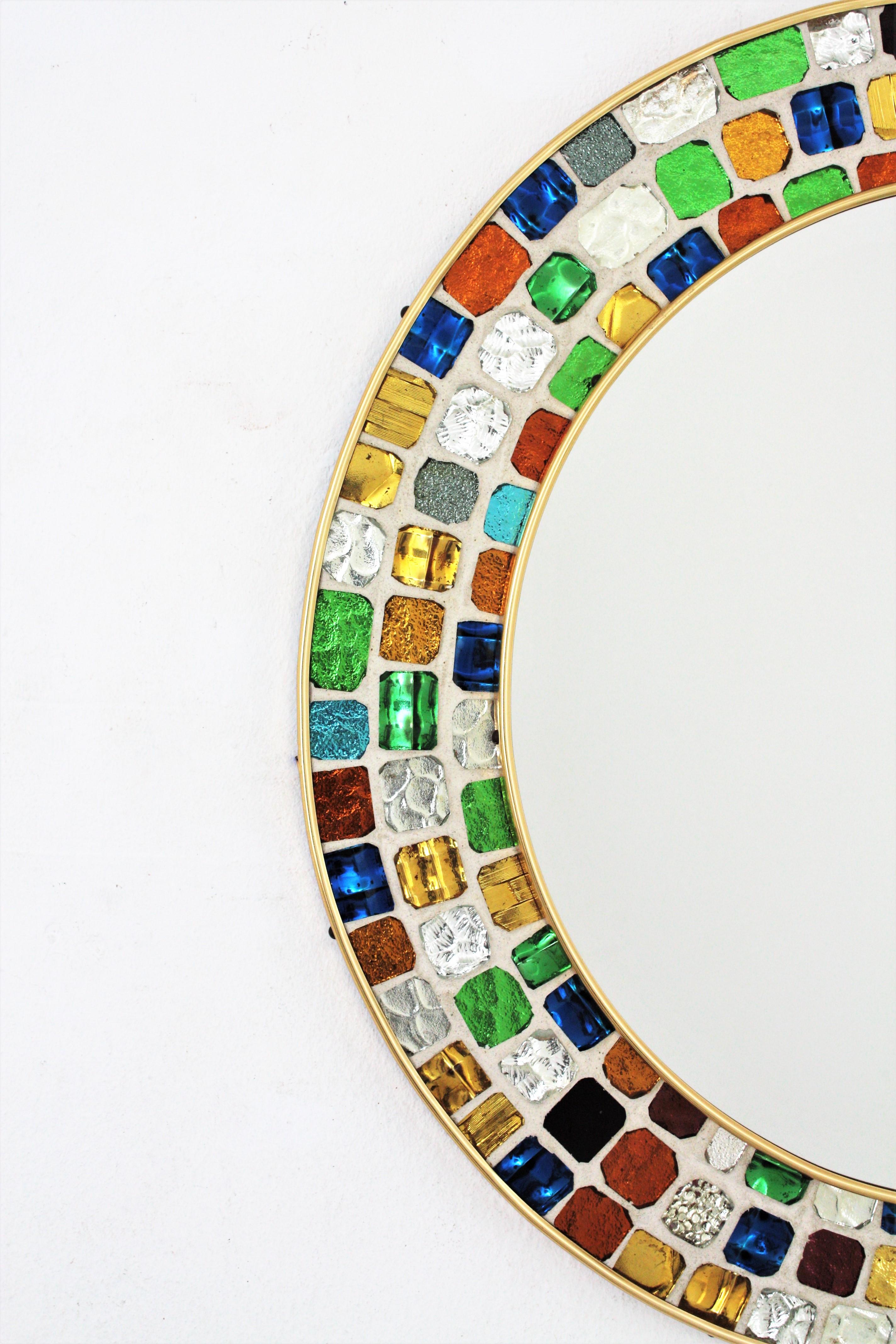 Midcentury Round Mirror with Multi-Color Art Glass Mosaic Frame, 1960s ...