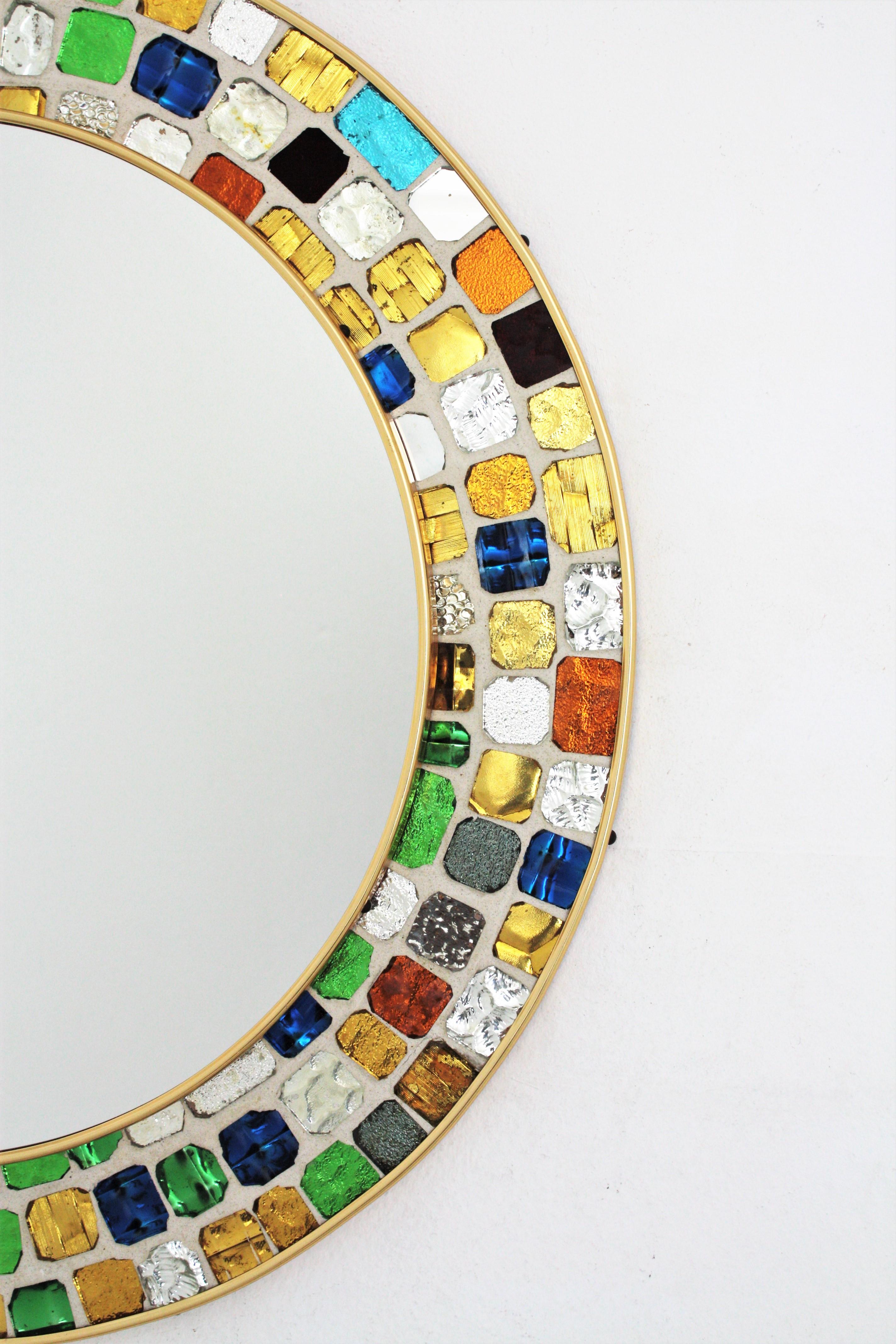 Midcentury Round Mirror with Multi-Color Art Glass Mosaic Frame, 1960s ...