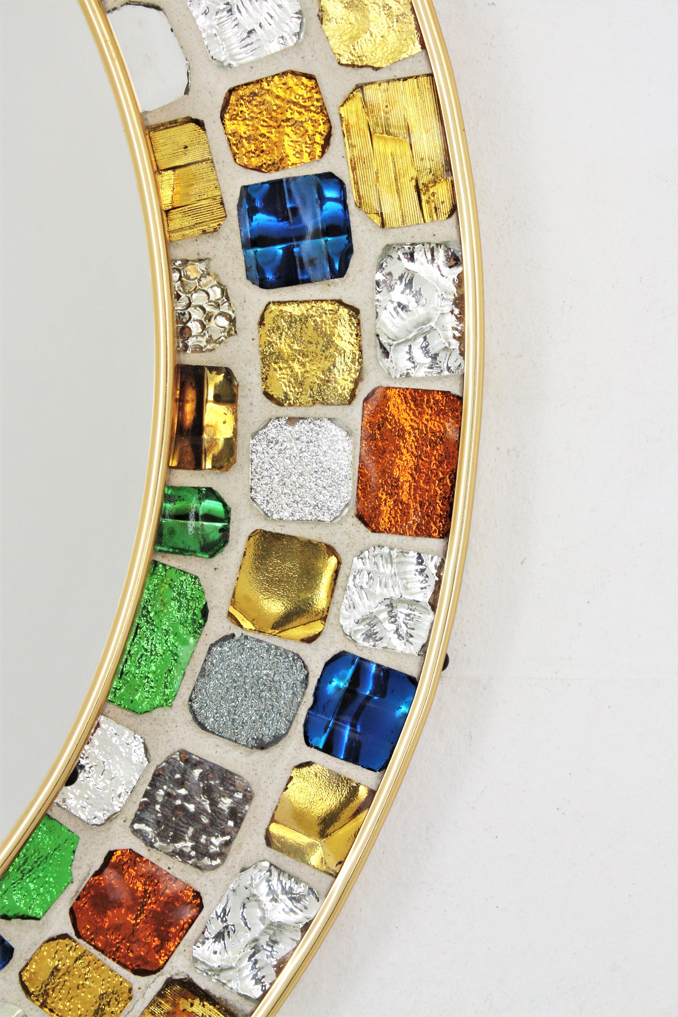 Midcentury Round Mirror with Multi-Color Art Glass Mosaic Frame, 1960s ...