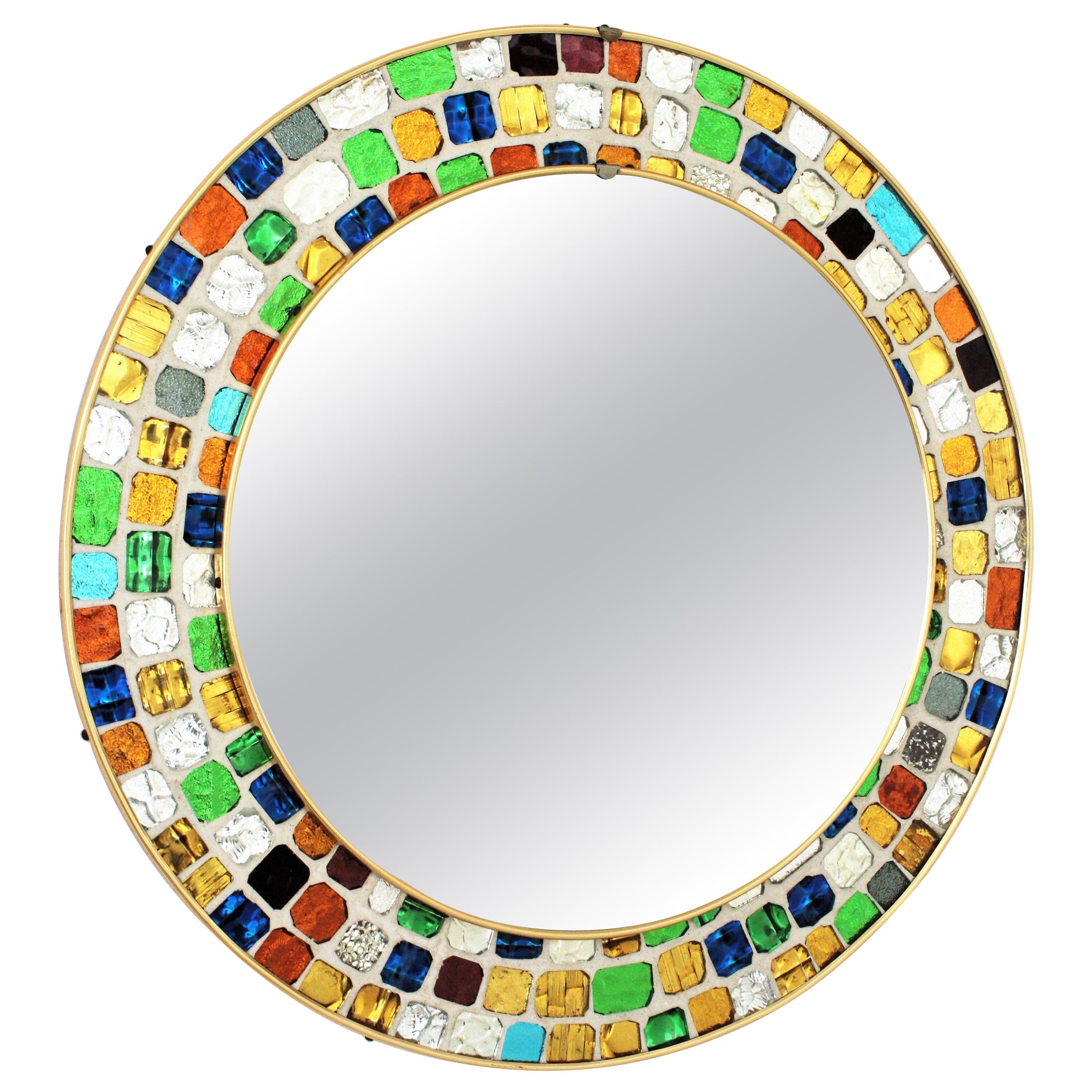 Midcentury Round Mirror with Multi-Color Art Glass Mosaic Frame, 1960s ...