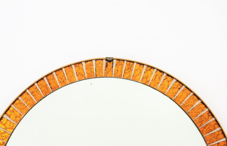 Midcentury Round Sunburst Mirror with Orange Glass Mosaic Frame For ...