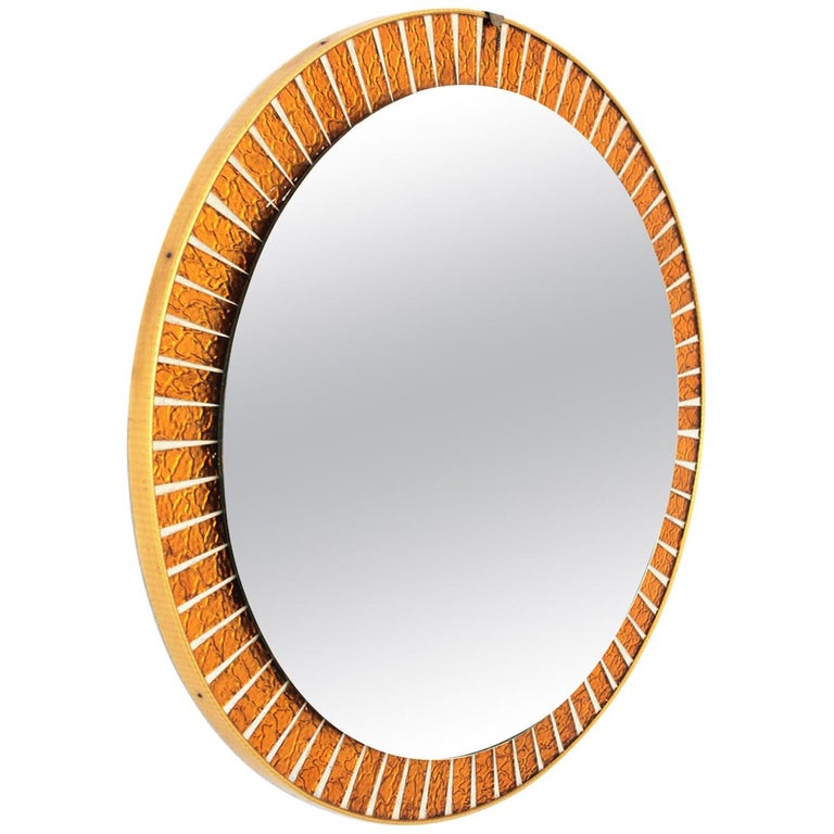 Midcentury Round Sunburst Mirror with Orange Glass Mosaic Frame For ...