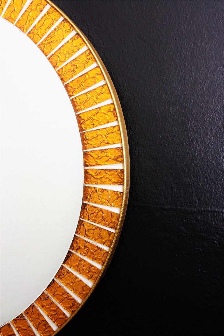 Midcentury Round Sunburst Mirror with Orange Glass Mosaic Frame For ...