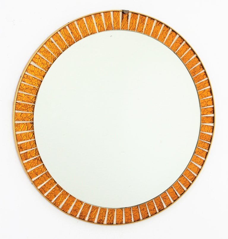Midcentury Round Sunburst Mirror with Orange Glass Mosaic Frame For ...