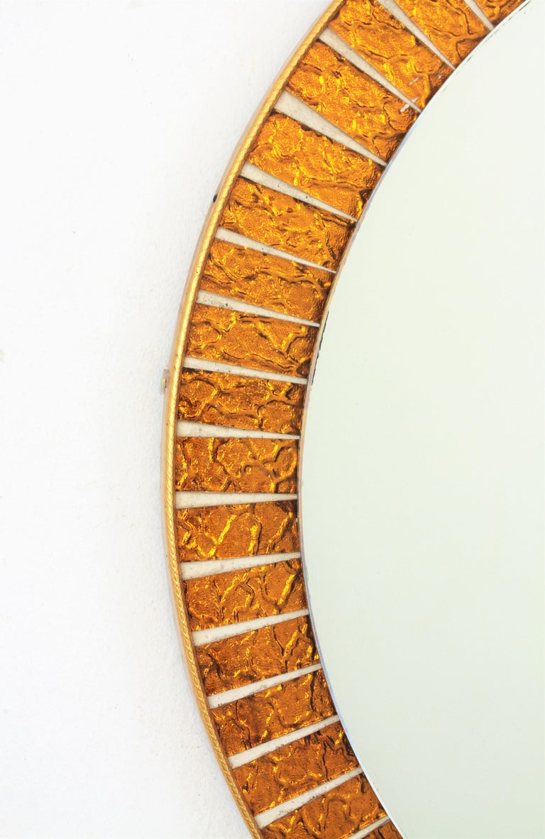 Midcentury Round Sunburst Mirror with Orange Glass Mosaic Frame For ...