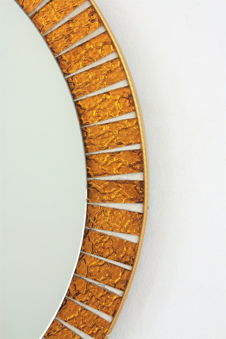 Midcentury Round Sunburst Mirror with Orange Glass Mosaic Frame For ...