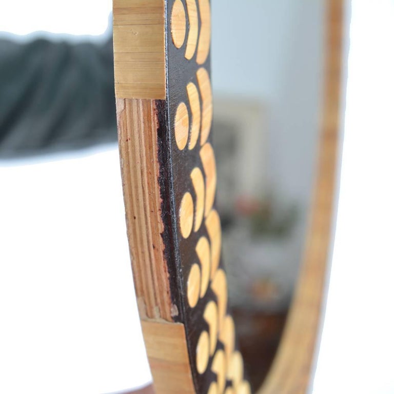 Midcentury Round Wall Mirror with Inlay Wood Frame, Czechslovakia ...