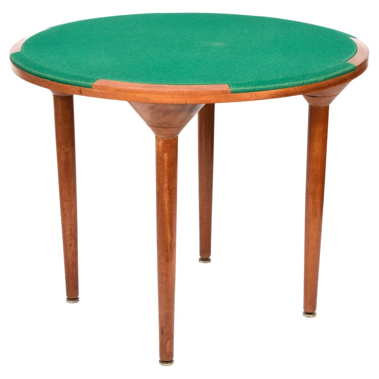 Midcentury Round Walnut Italian Game Table with Green Felt Cloth, 1970 ...