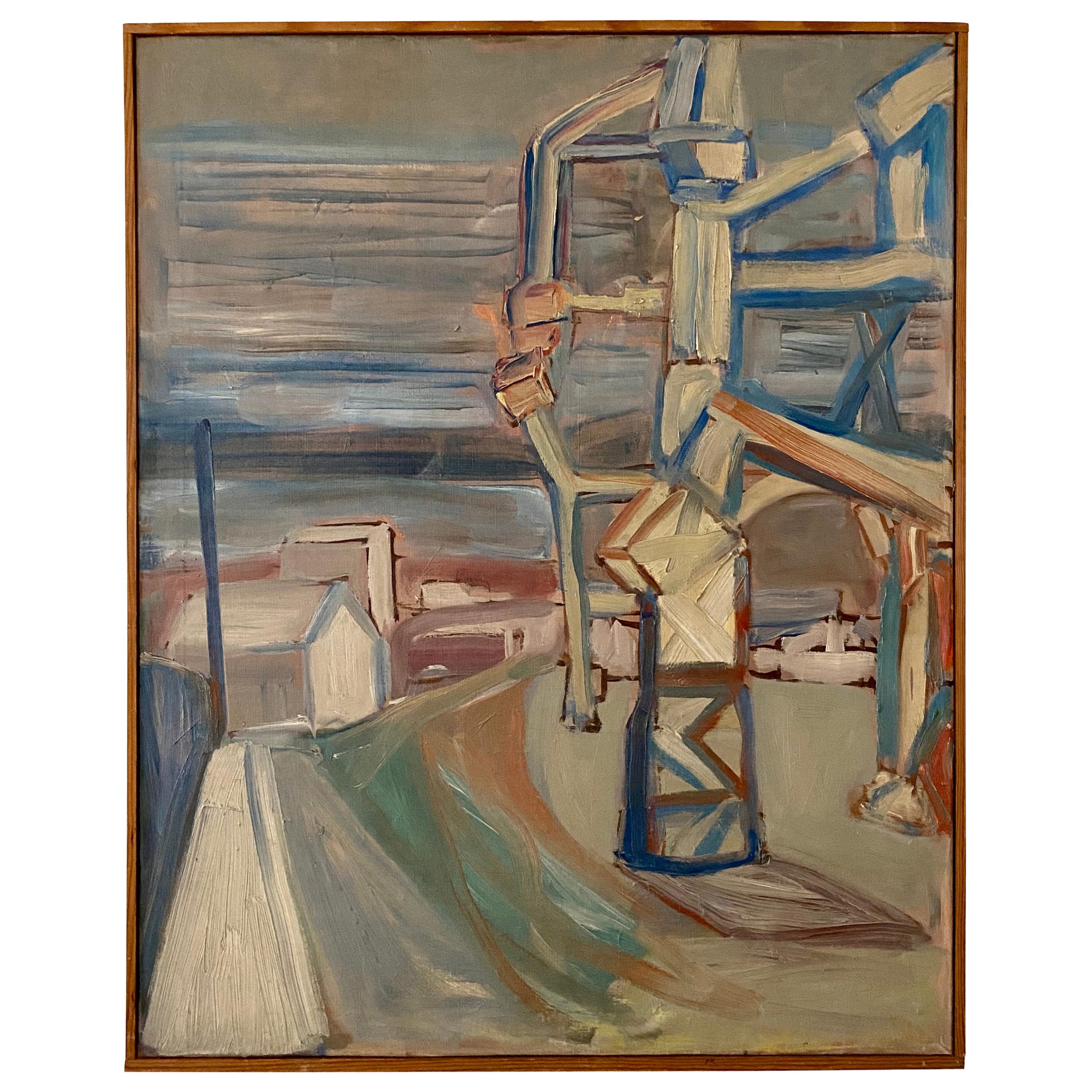 Midcentury Scandinavian Oil Painting of an Industrial Scene in Original ...
