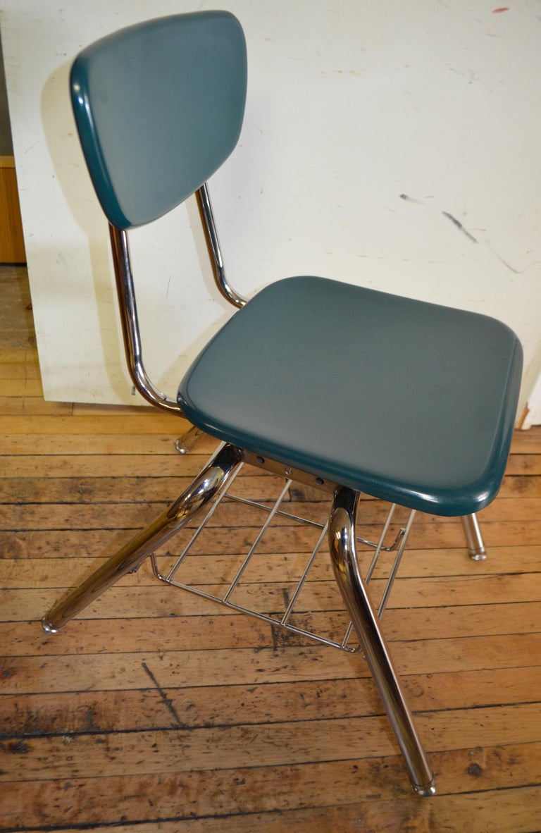 Midcentury School Chair Green Fiberglass Steel Chrome Book Basket, 30 ...
