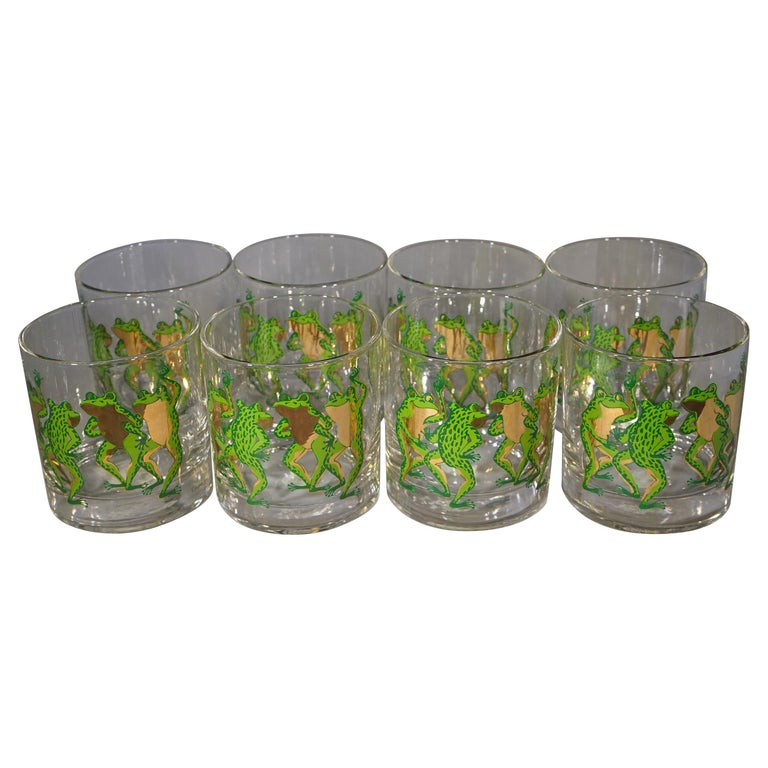 Midcentury Set of 8 Green Dancing Frogs Design Old Fashion Glasses by ...