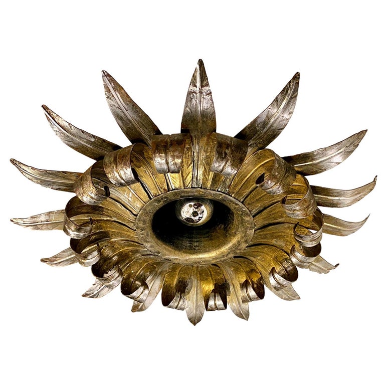 Midcentury Silver and Gold Leaf Light Fixture For Sale at 1stDibs