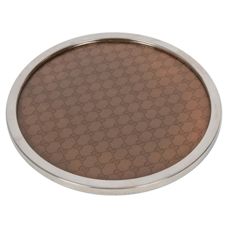Midcentury Silvered Metal, Brown Fabric and Lucite Gucci Italian Tray ...