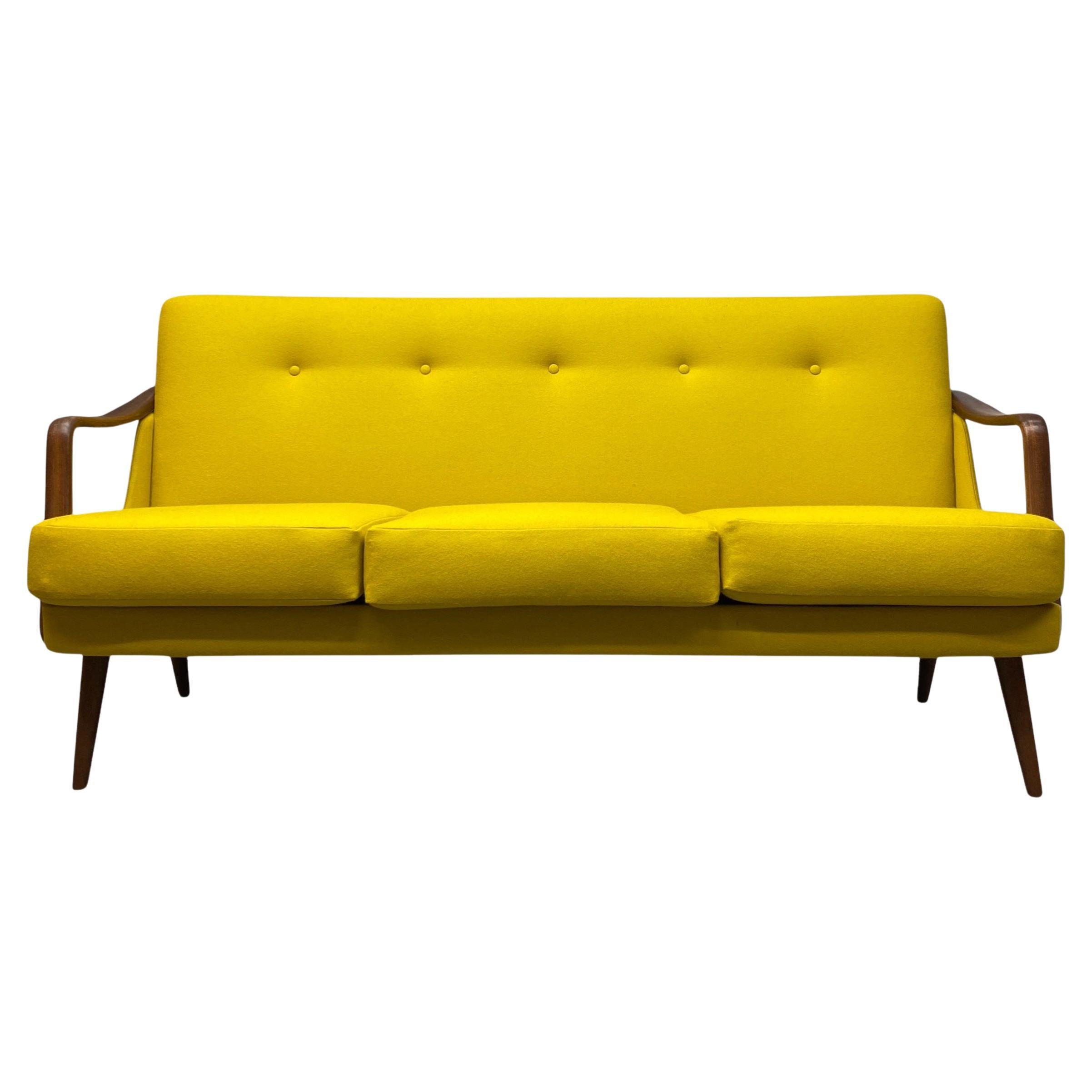 Midcentury Sofa Teak Yellow Wool Three Seater For Sale at 1stDibs