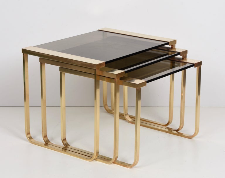 Midcentury Solid Brass and Smoked Glass France Interlocking Side Tables ...