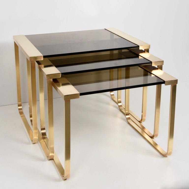 Midcentury Solid Brass and Smoked Glass France Interlocking Side Tables ...