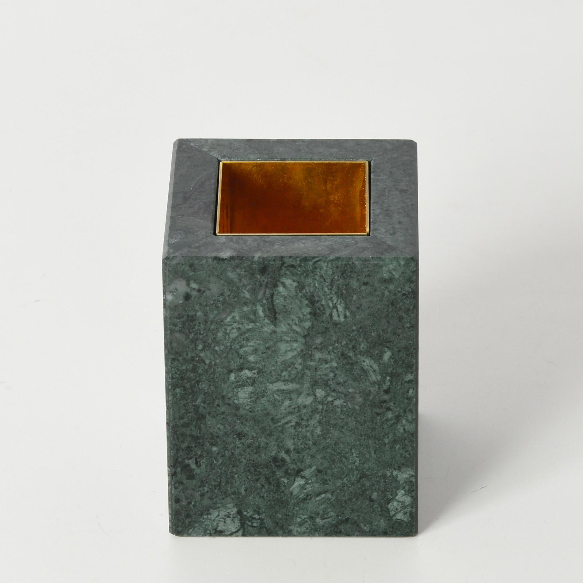 Mid-Century Solid Green Marble and Brass Squared Italian Pen Holder ...