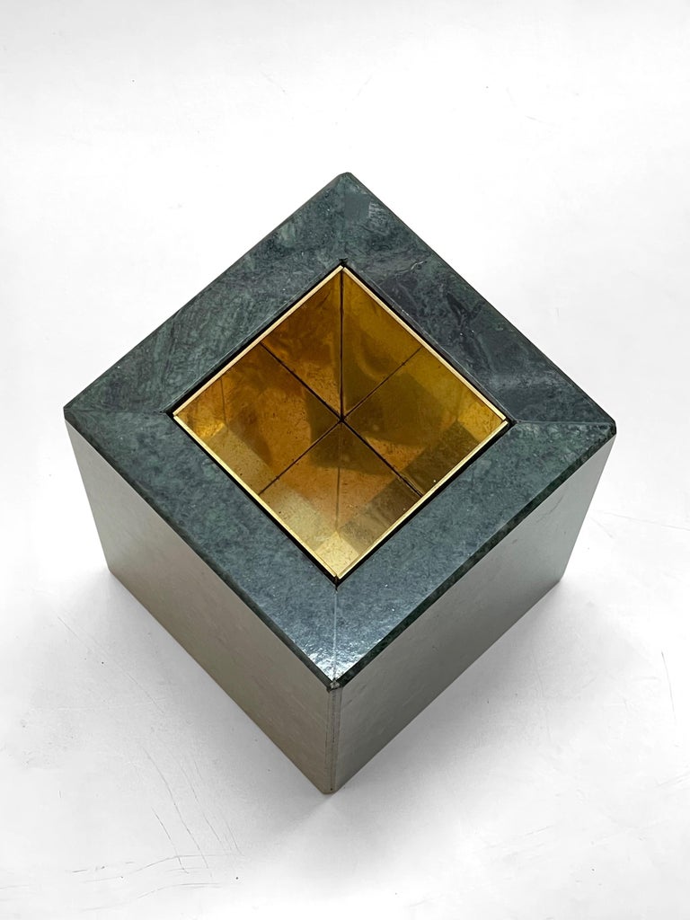 Mid-Century Solid Green Marble and Brass Squared Italian Pen Holder ...