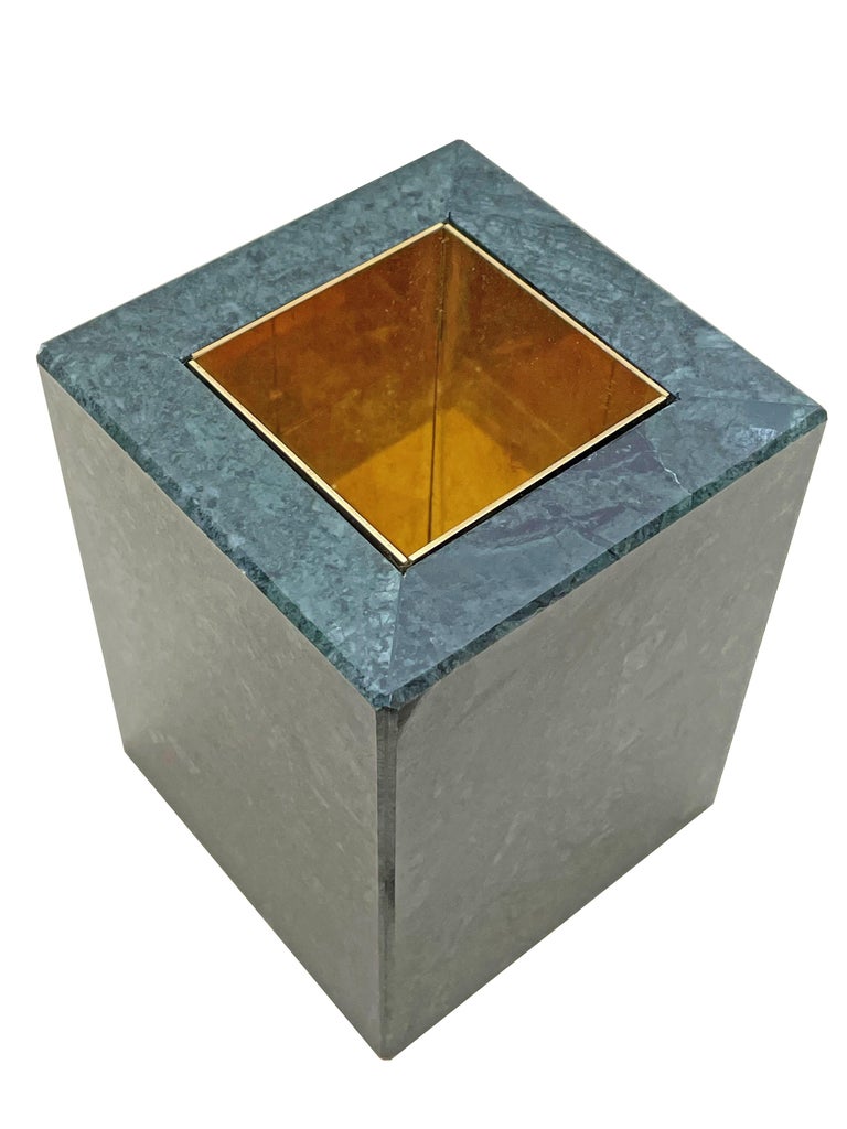 Mid-Century Solid Green Marble and Brass Squared Italian Pen Holder ...