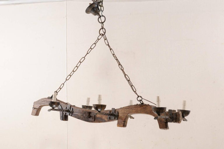 Midcentury Spanish Ox Yoke Wood Beam and Iron Six-Light Chandelier at ...