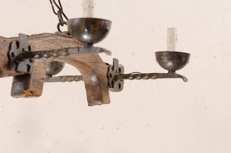 Midcentury Spanish Ox Yoke Wood Beam and Iron Six-Light Chandelier at ...