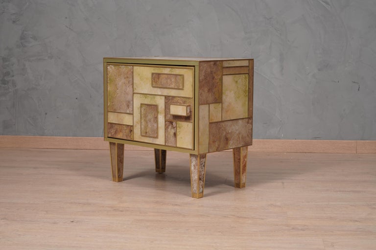MidCentury Square brown and White Color Glass and Brass Night Stand ...