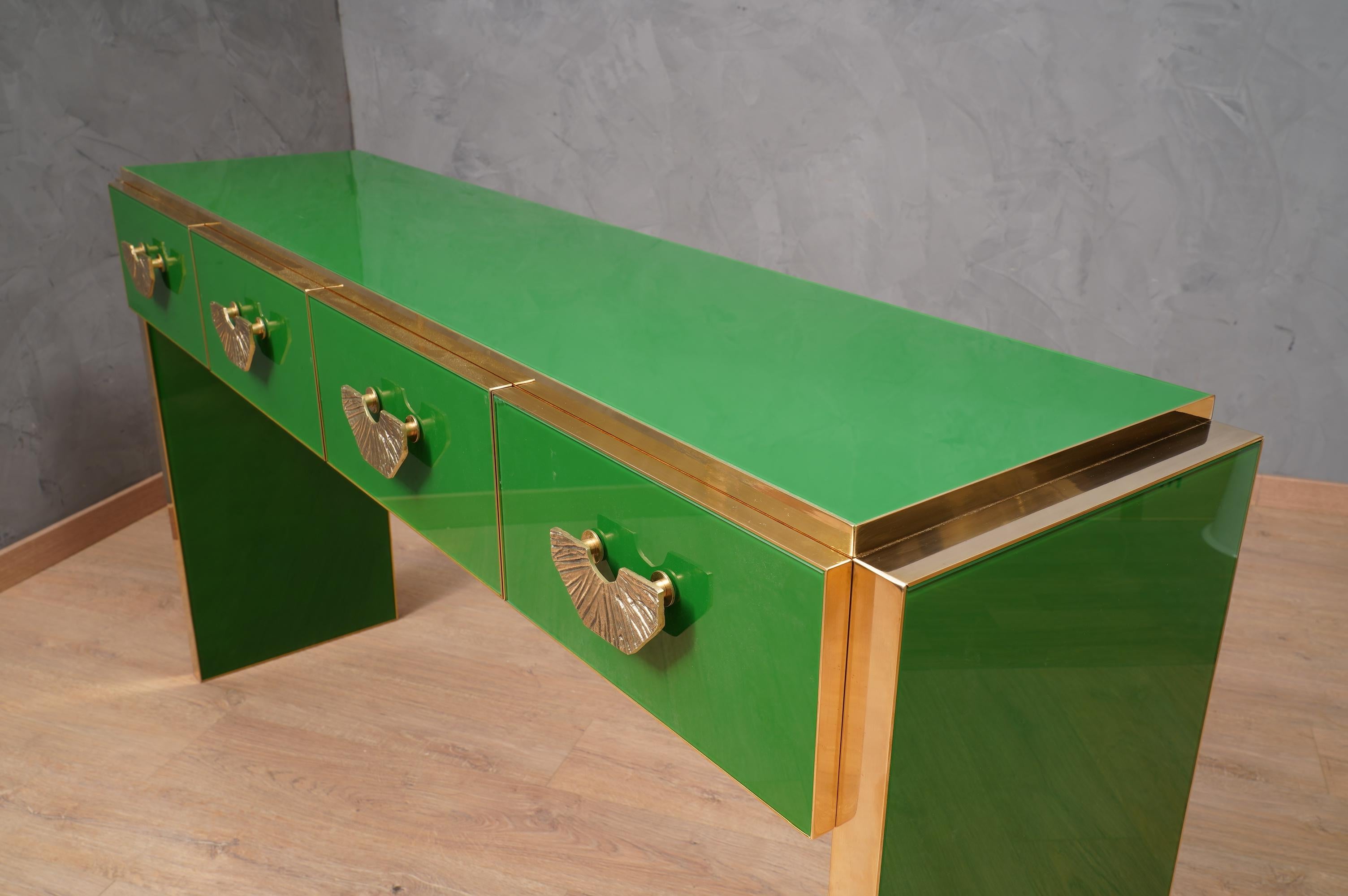MidCentury Square Green Color Glass and Brass Console Table, 2020 For ...