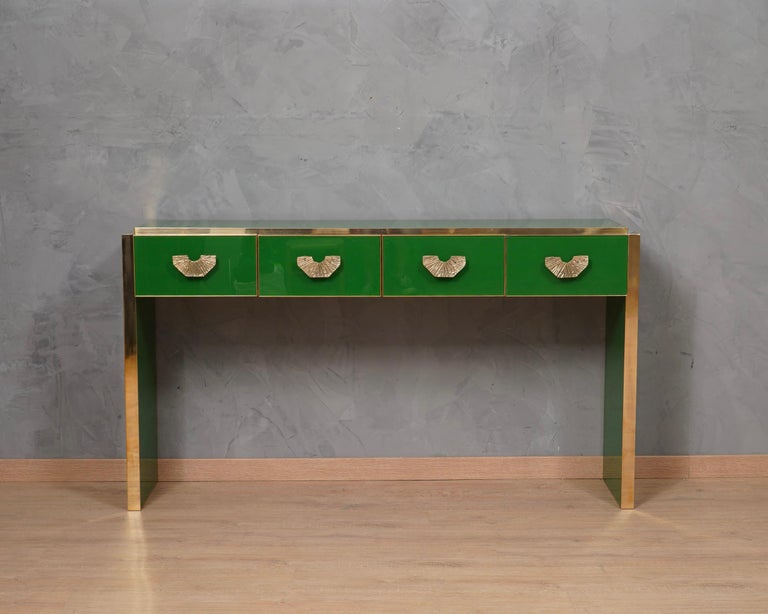 MidCentury Square Green Color Glass and Brass Console Table, 2020 For ...