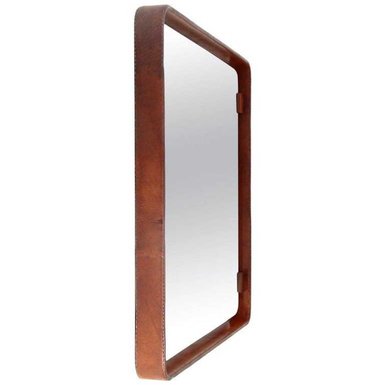 Midcentury Square Leather Frame Mirror, 1960s at 1stDibs