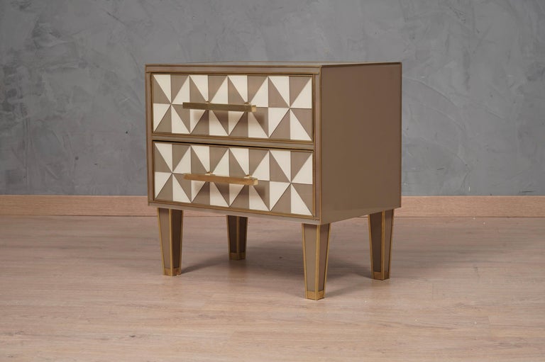 MidCentury Square White and Dove-Gray Color Glass and Brass Night Stand ...