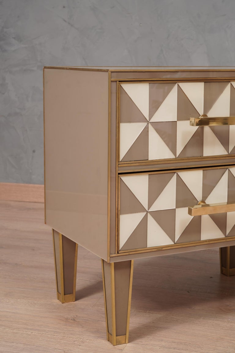 MidCentury Square White and Dove-Gray Color Glass and Brass Night Stand ...