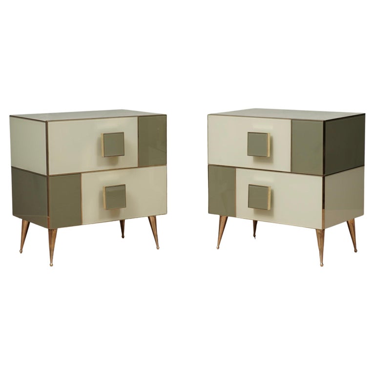 MidCentury Square White and Dove-Gray Color Glass and Brass Night Stand ...