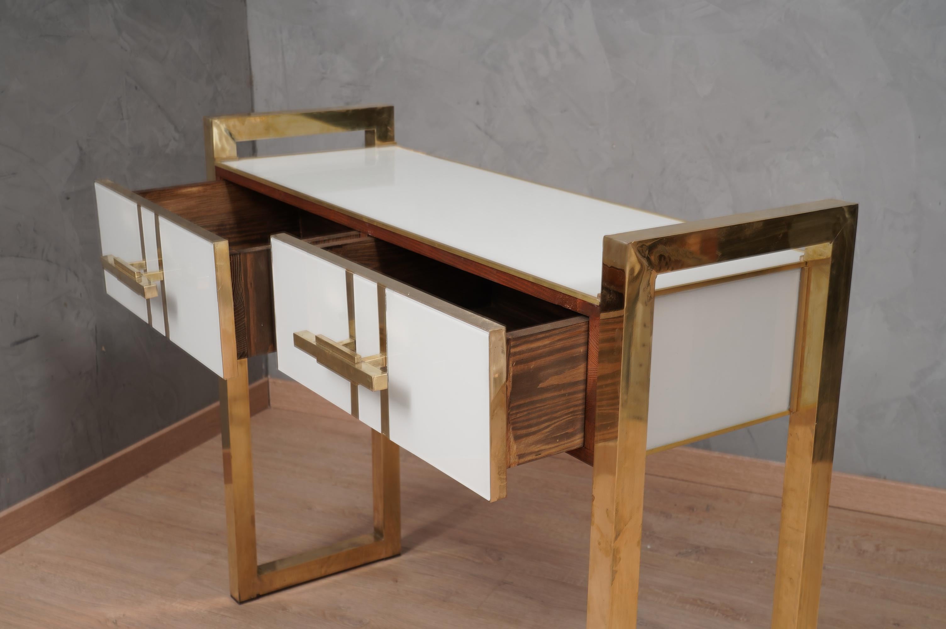 MidCentury Square White Color Glass and Brass Console Table, 1980 For ...