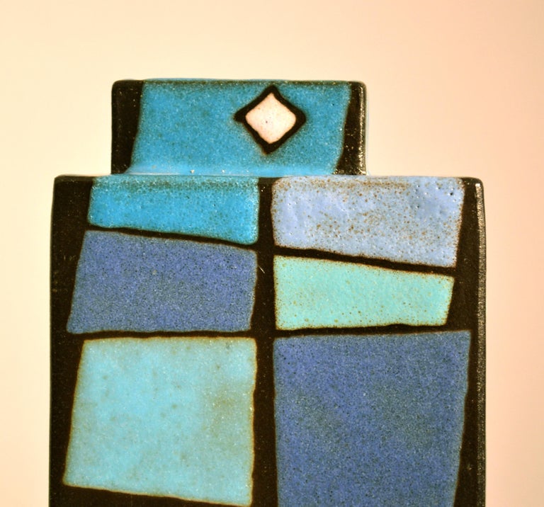 Studio Pottery Vase Rectangular Decorated in Blue Tones For Sale at 1stDibs