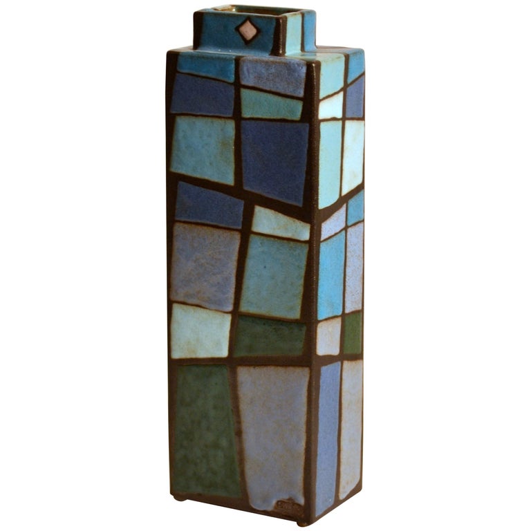 Studio Pottery Vase Rectangular Decorated in Blue Tones For Sale at 1stDibs