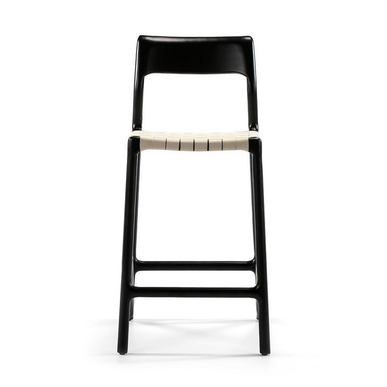 Midcentury Style Black Lacquered Wooden and White Canvas Counter Stool ...