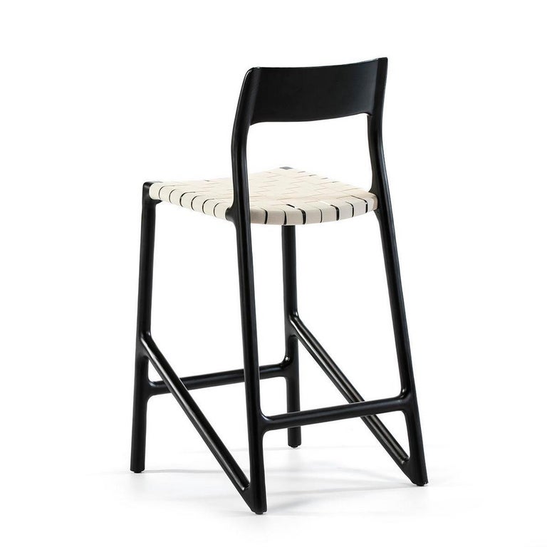 Midcentury Style Black Lacquered Wooden and White Canvas Counter Stool ...
